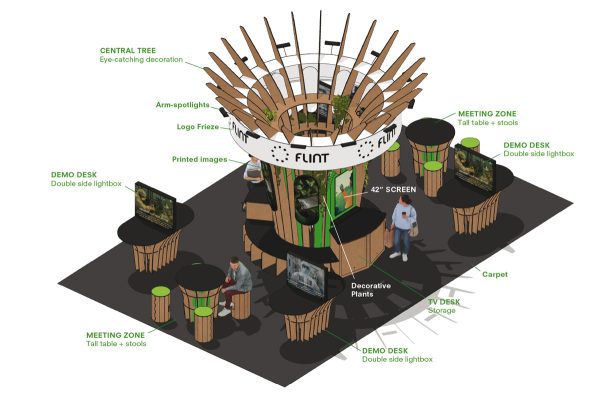 Cardboard trade show booth at CES. Eco design for Flint Batteries
