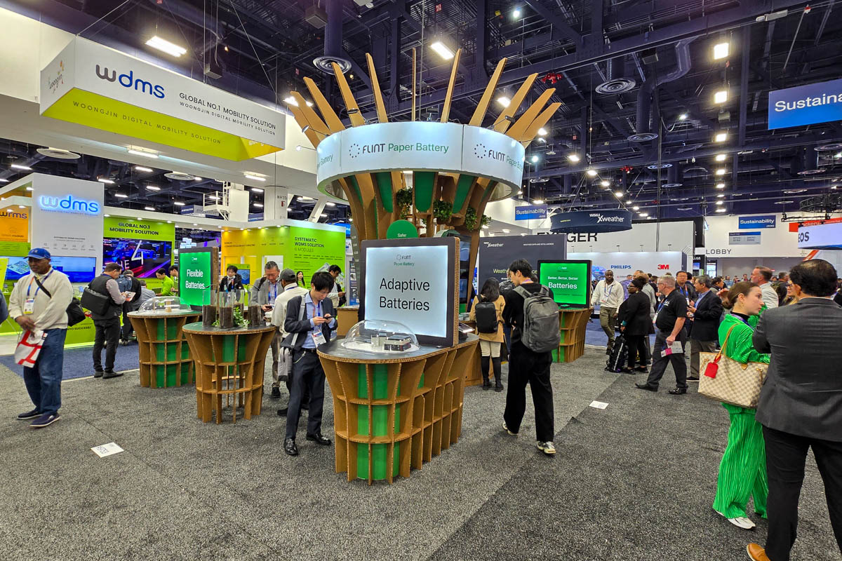 Cardboard trade show booth at CES. Eco design for Flint Batteries