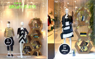 Decoración de escaparates en cartón sostenibles . Diseños exclusivos.